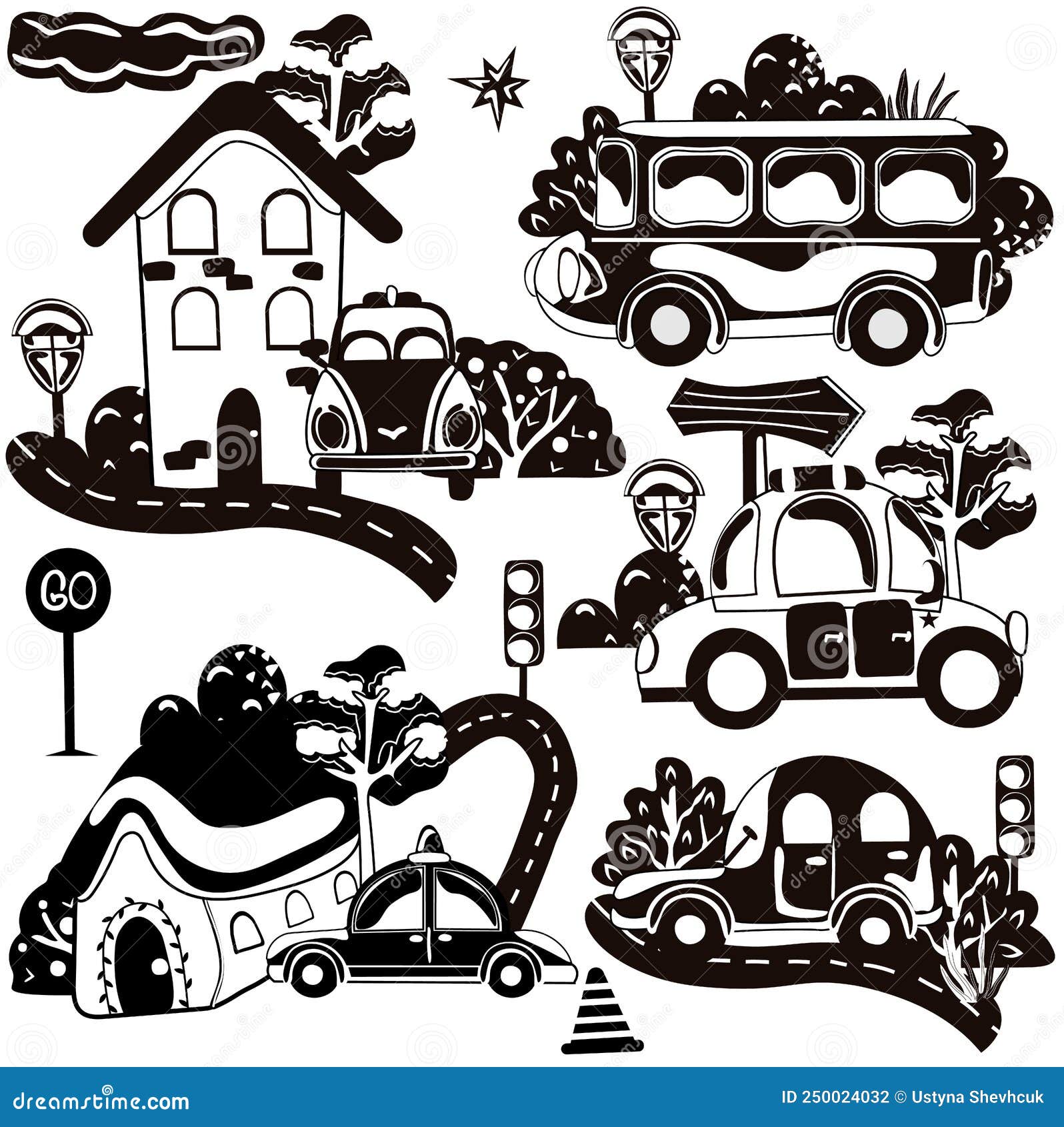 Set Black and White Composition with of Different Types Transport ...