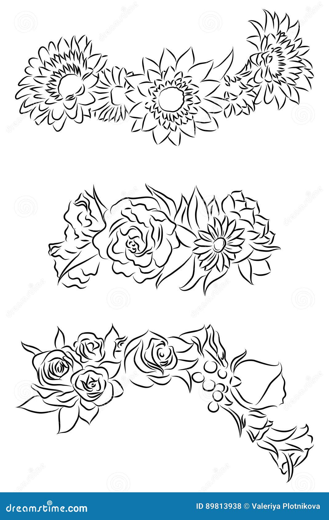 Set of Black and White Contour Drawing of Flower Wreaths Stock Vector ...