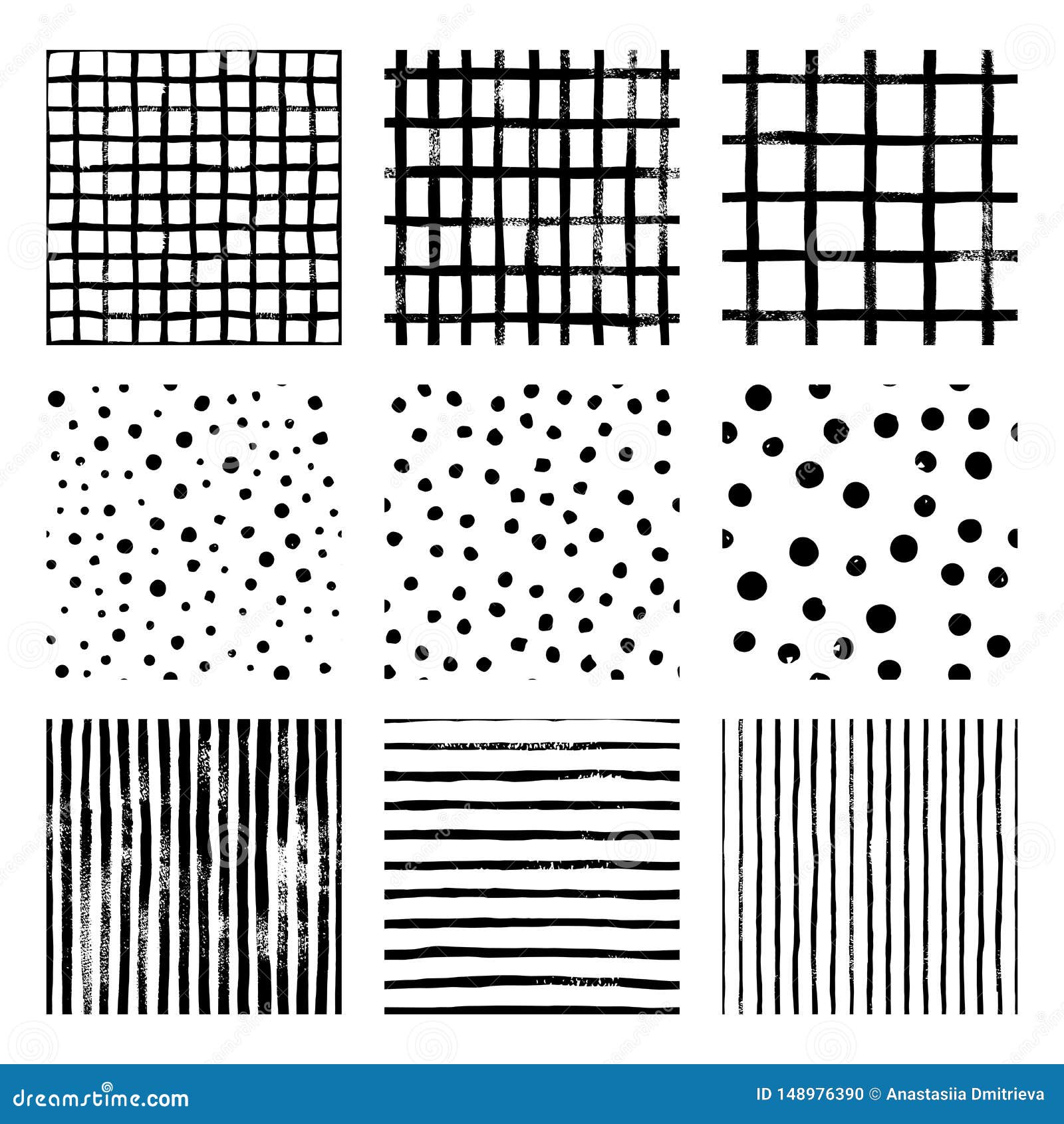Set Black and White Hand Draw Vector Seamless Patterns Stripe Strip, Grid, Polka Dot Stock ...