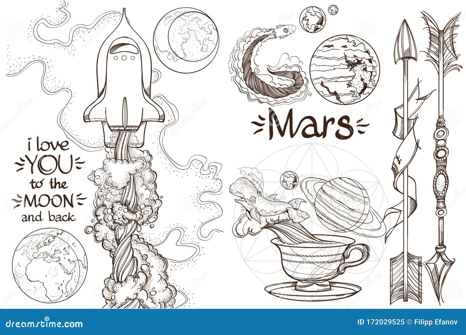 Set of Black and White Illustration on Space Theme. Spaceship, Planet ...