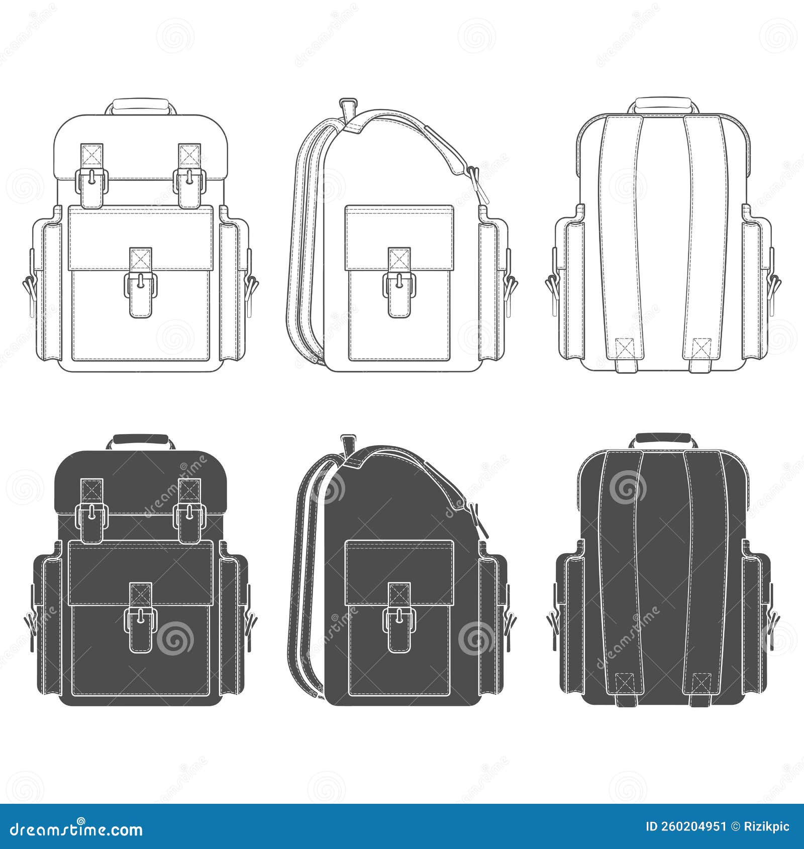 Set of Black and White Illustrations with a Backpack. Stock Vector ...