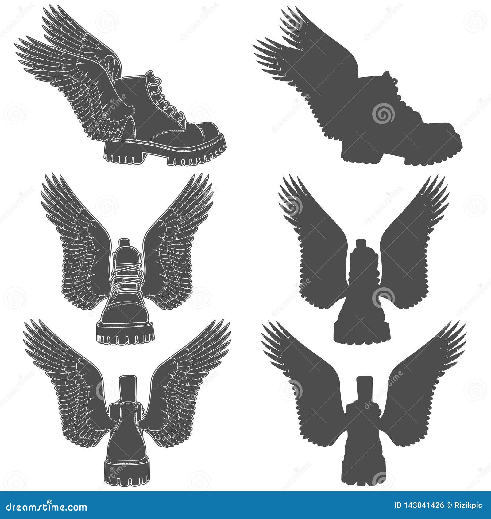 Set of Black and White Illustrations of Boots with Wings. Isolated ...