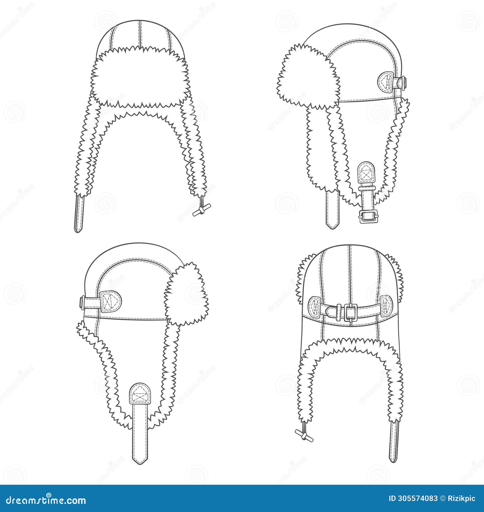 Set of Black and White Illustrations with Flying Cap with Earflaps ...