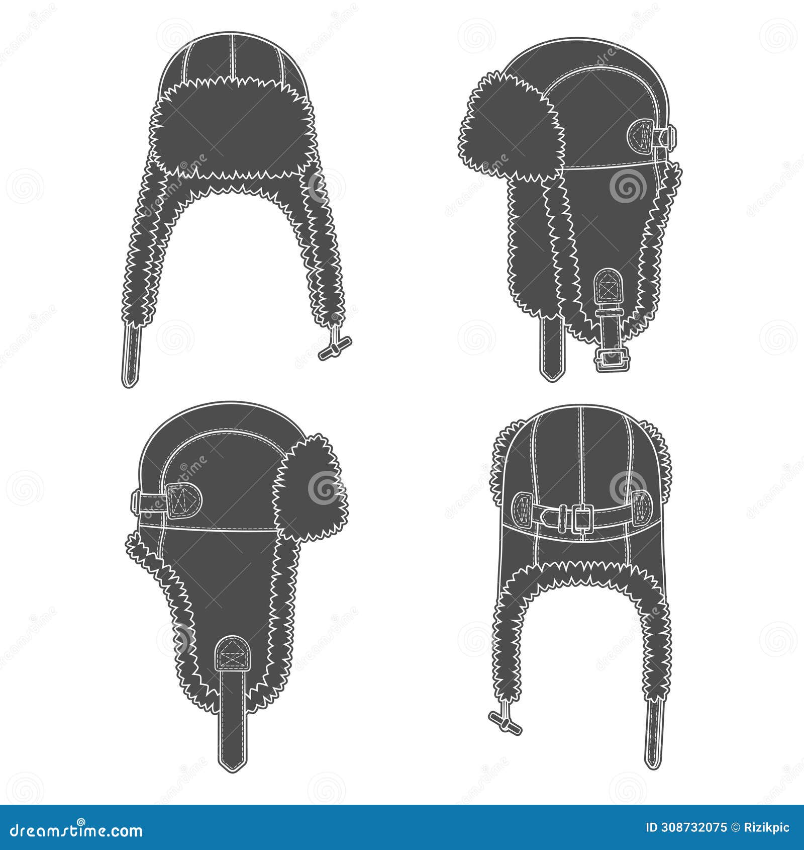 Set Of Black And White Illustrations With Flying Cap With Earflaps ...
