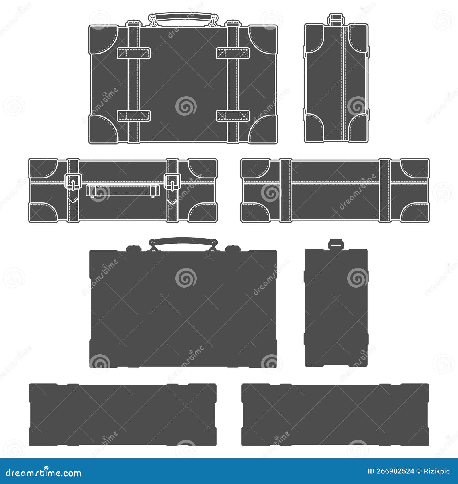 Set of Black and White Illustrations with Leather Retro Suitcase, Case ...