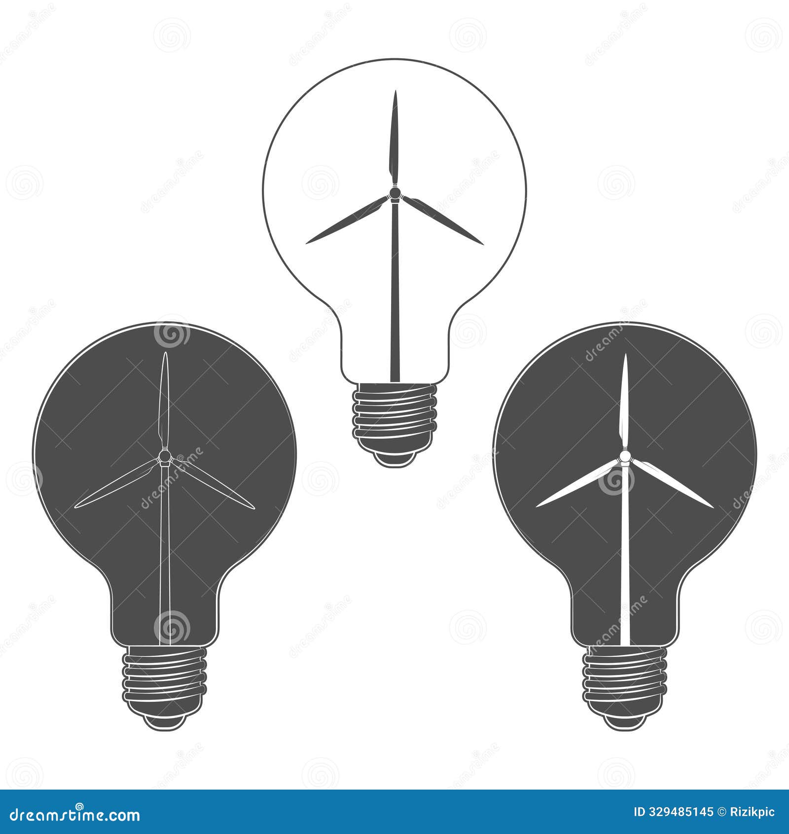 Set of Black and White Illustrations Light Bulb with Wind Turbine ...