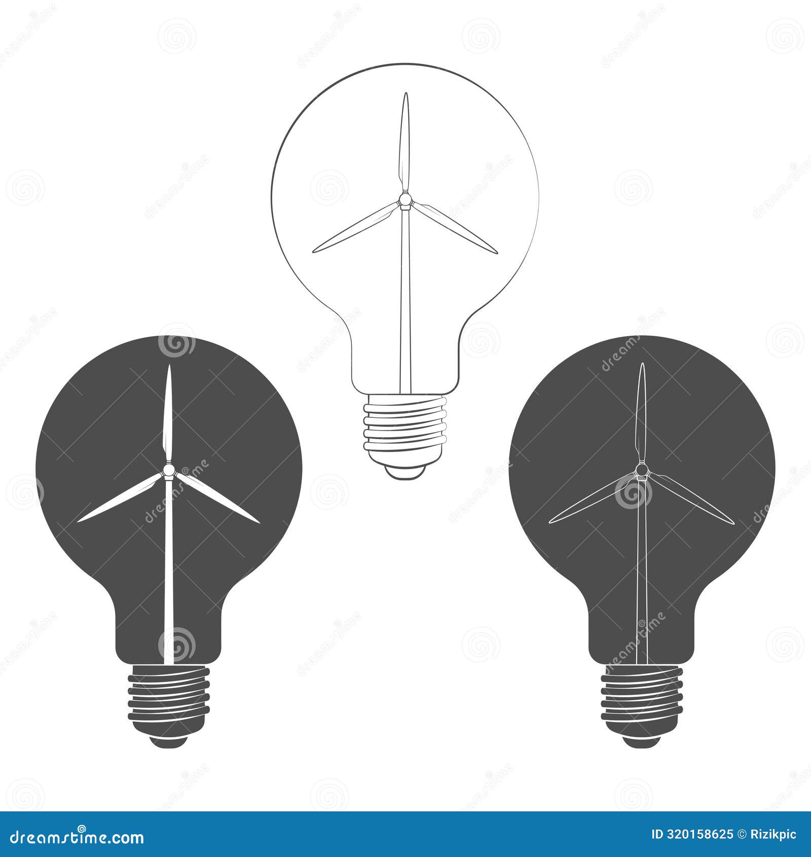 Set of Black and White Illustrations Light Bulb with Wind Turbine ...