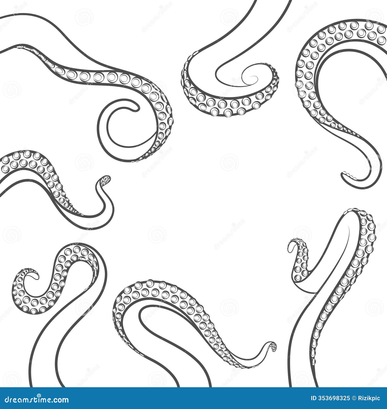 Set of Black and White Illustrations with Octopus Tentacles. Isolated ...