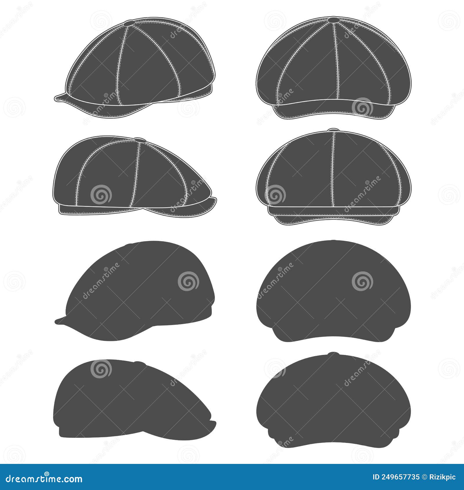 Set of Black and White Illustrations with Peaked Cap, Forage Cap, Kepi ...