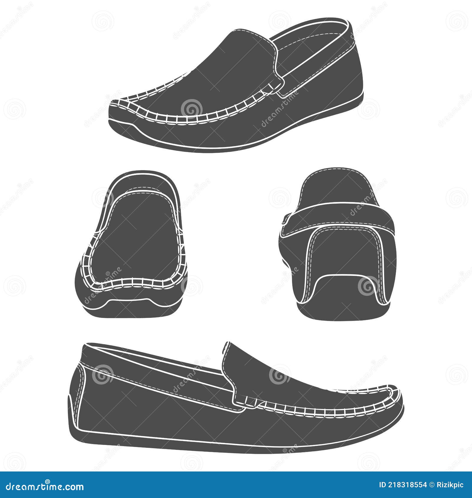 Set of Black and White Illustrations with Shoes, Moccasins. Isolated ...