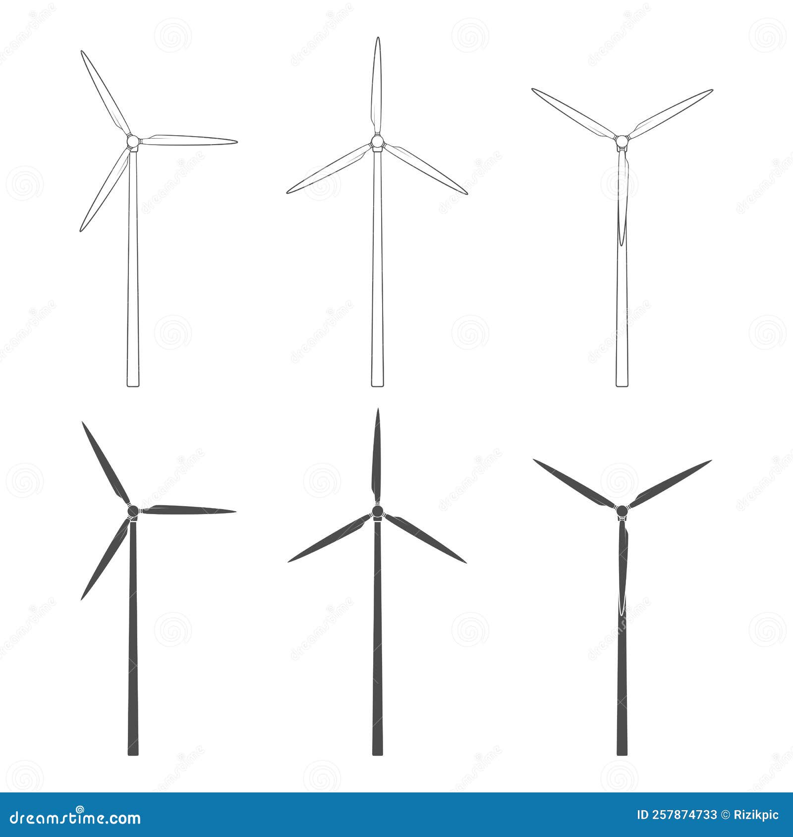 Set of Black and White Illustrations with a Wind Turbine, Windmill ... Set of Black and White Illustrations with a Wind Turbine, Windmill ...