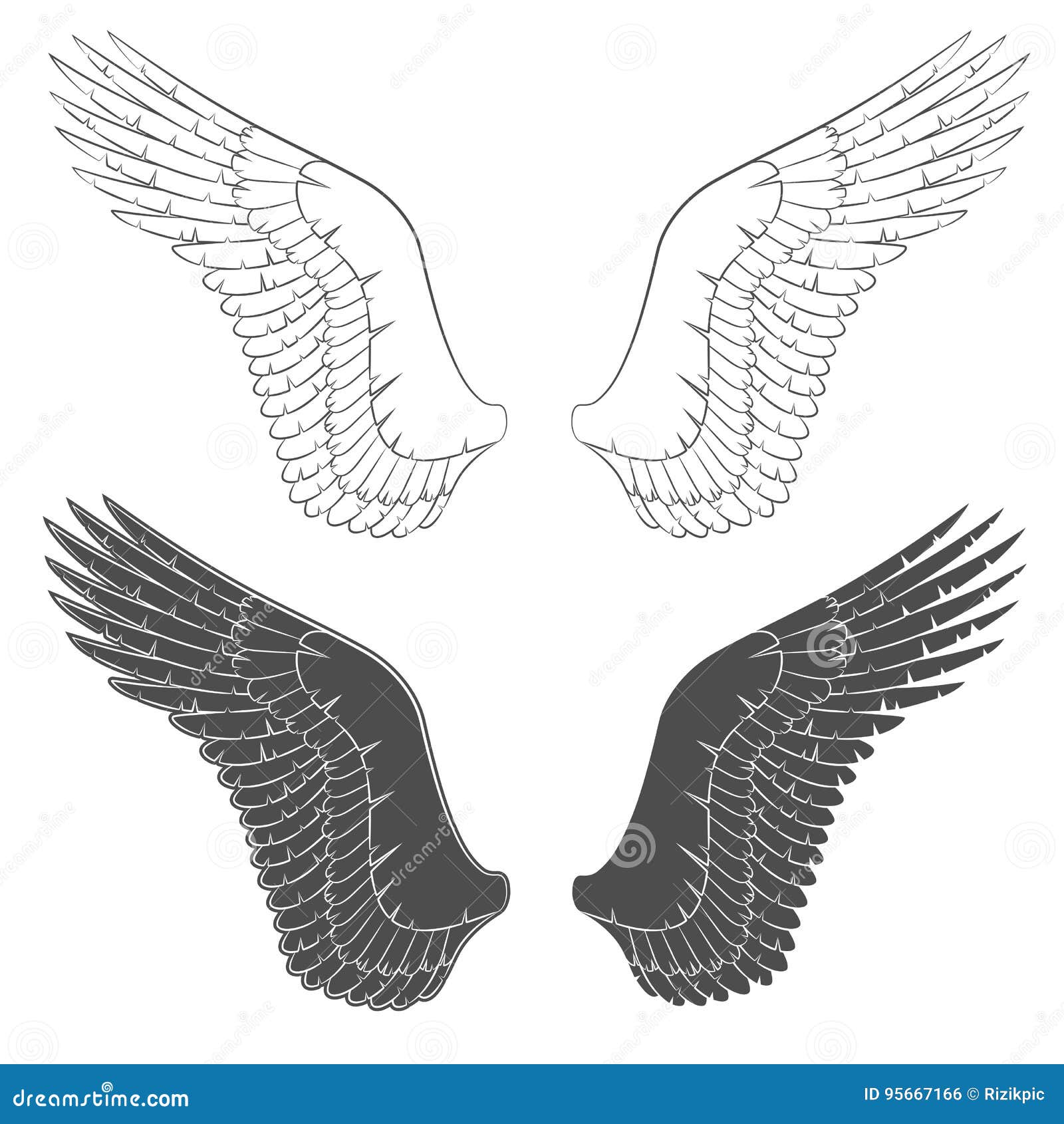Set of Black and White Illustrations with Wings. Stock Vector ...