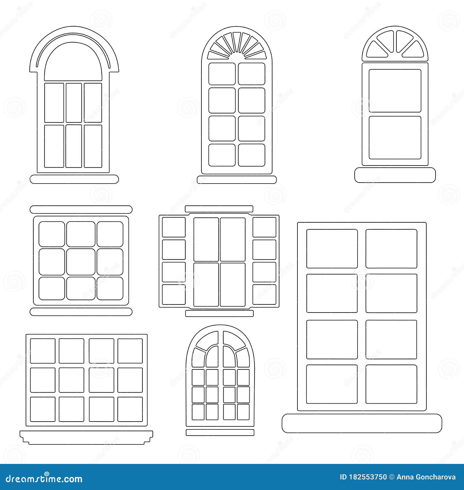 A Set of Black-and-white Linear Window Icons Stock Vector ...