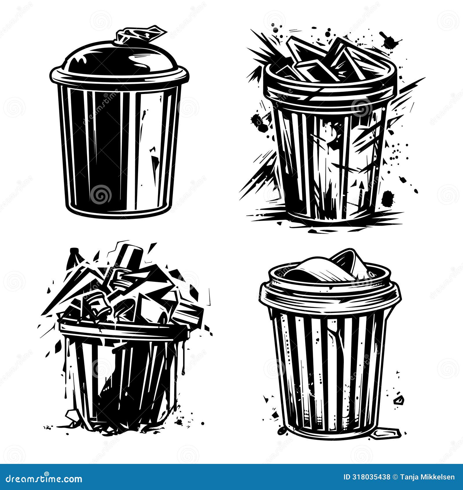 Set of Black and White Trash Can Illustrations Stock Vector ...