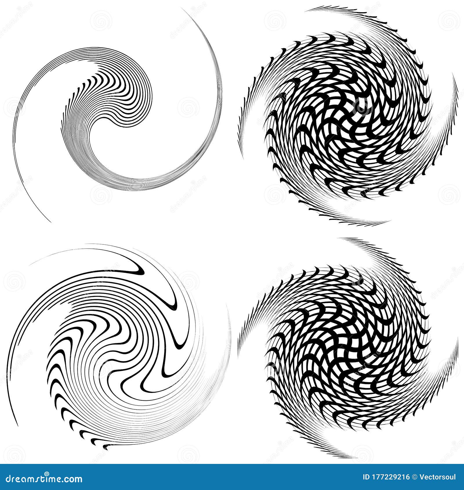 Set of Black and White Vortex, Volute Shapes. Twisted Helix Elements ...