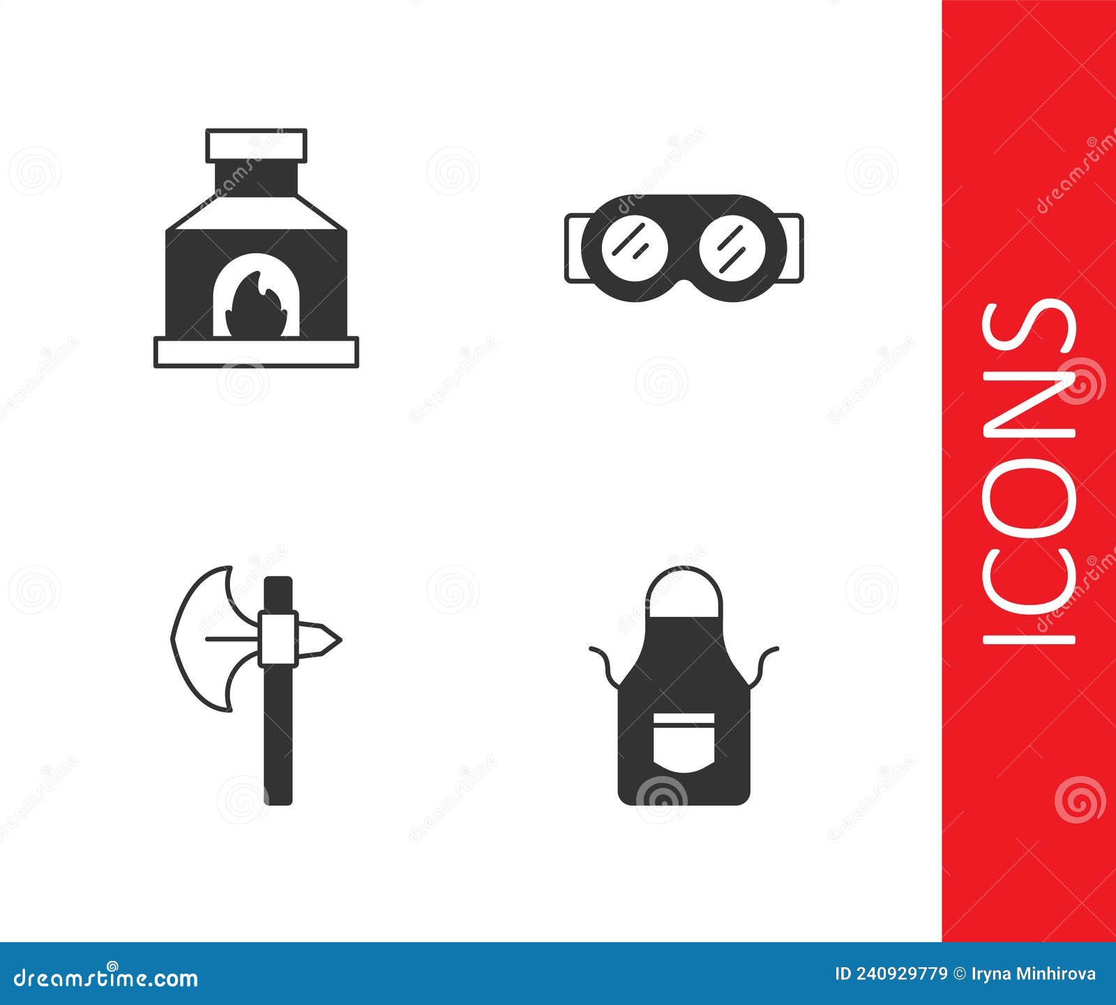 Set Blacksmith Apron, Oven, Medieval Axe And Welding Glasses Icon ...