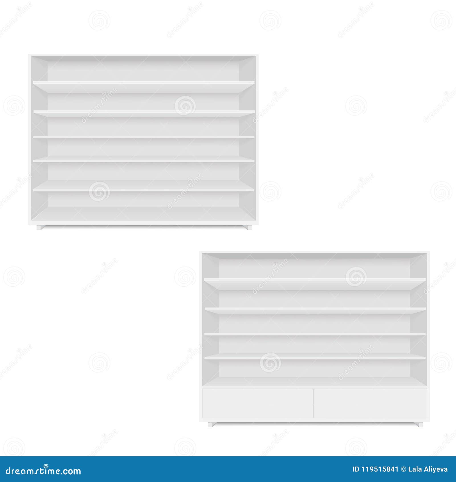 Set of Blank Empty Showcases Display with Retail Shelves. Front View ...