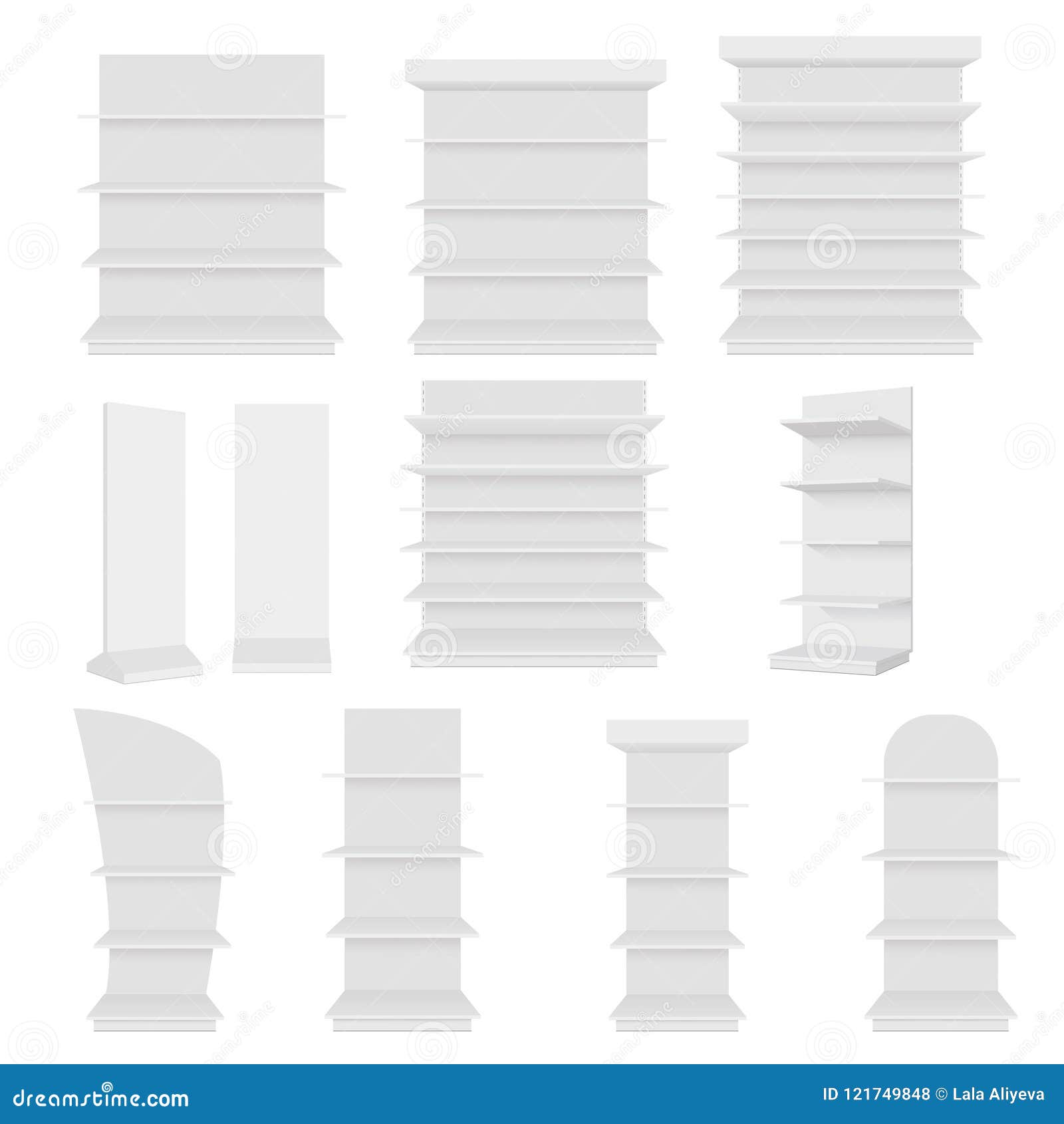 Set of Blank Empty Showcases Display with Retail Shelves. Front View ...