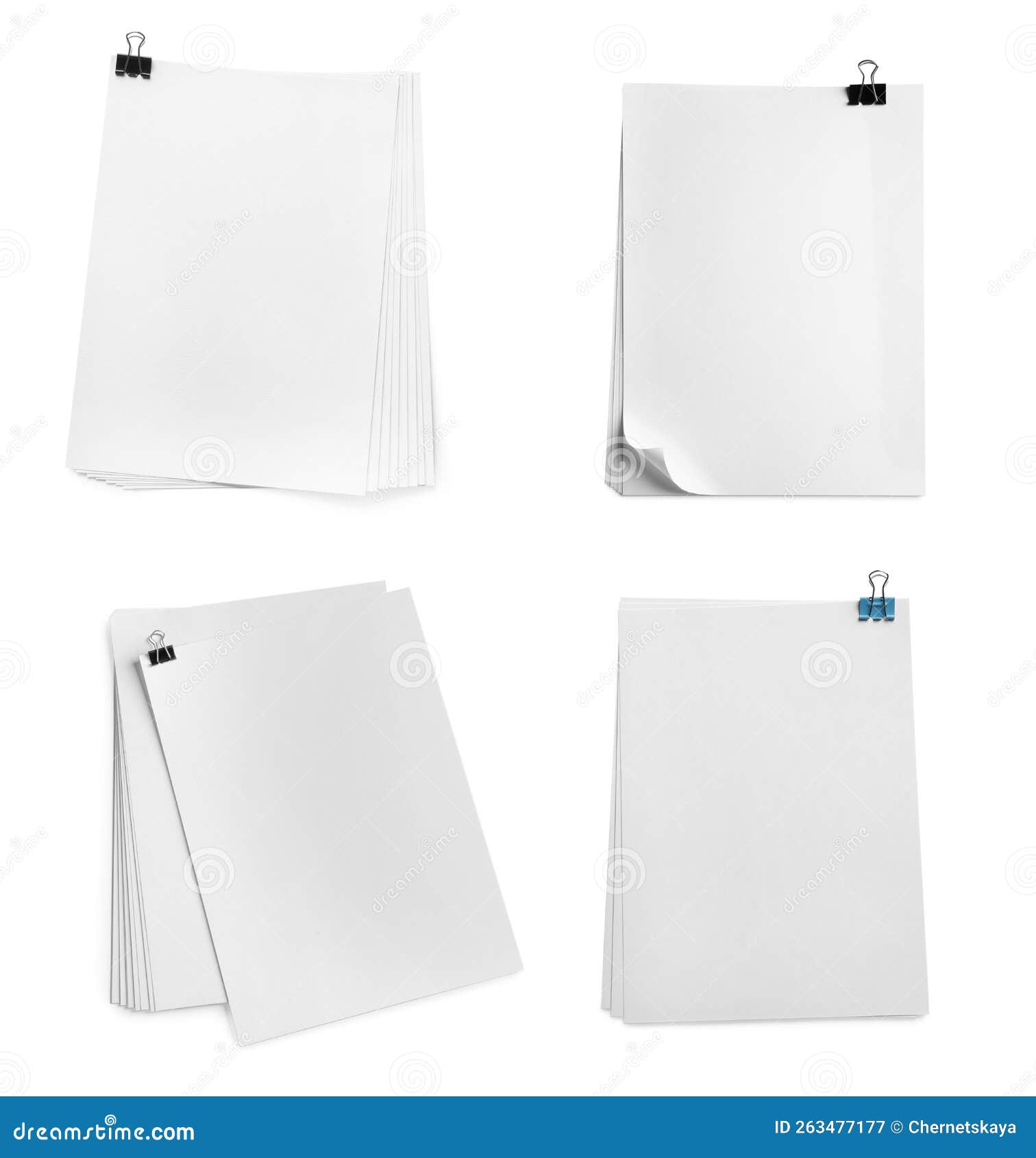 Set of Blank Sheets of Paper with Binder Clips on White Background, Top ...