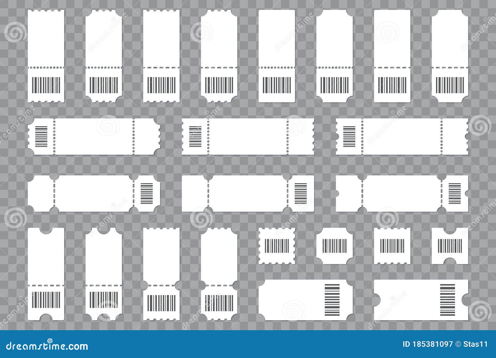 Set of Blank Ticket Template with Barcode on a Transparent Background ...