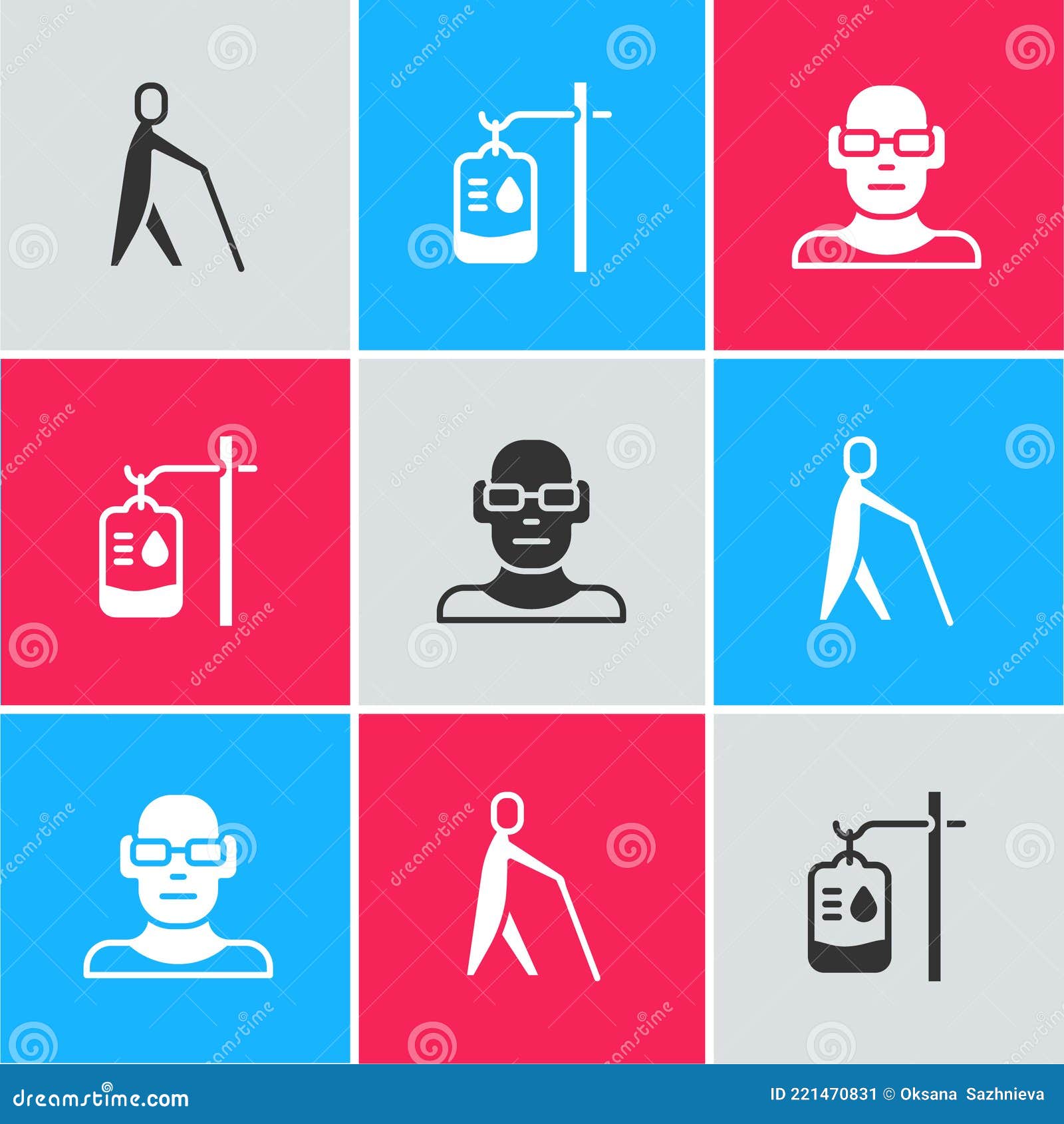 Set Blind Human Holding Stick, IV Bag and Poor Eyesight Icon. Vector ...
