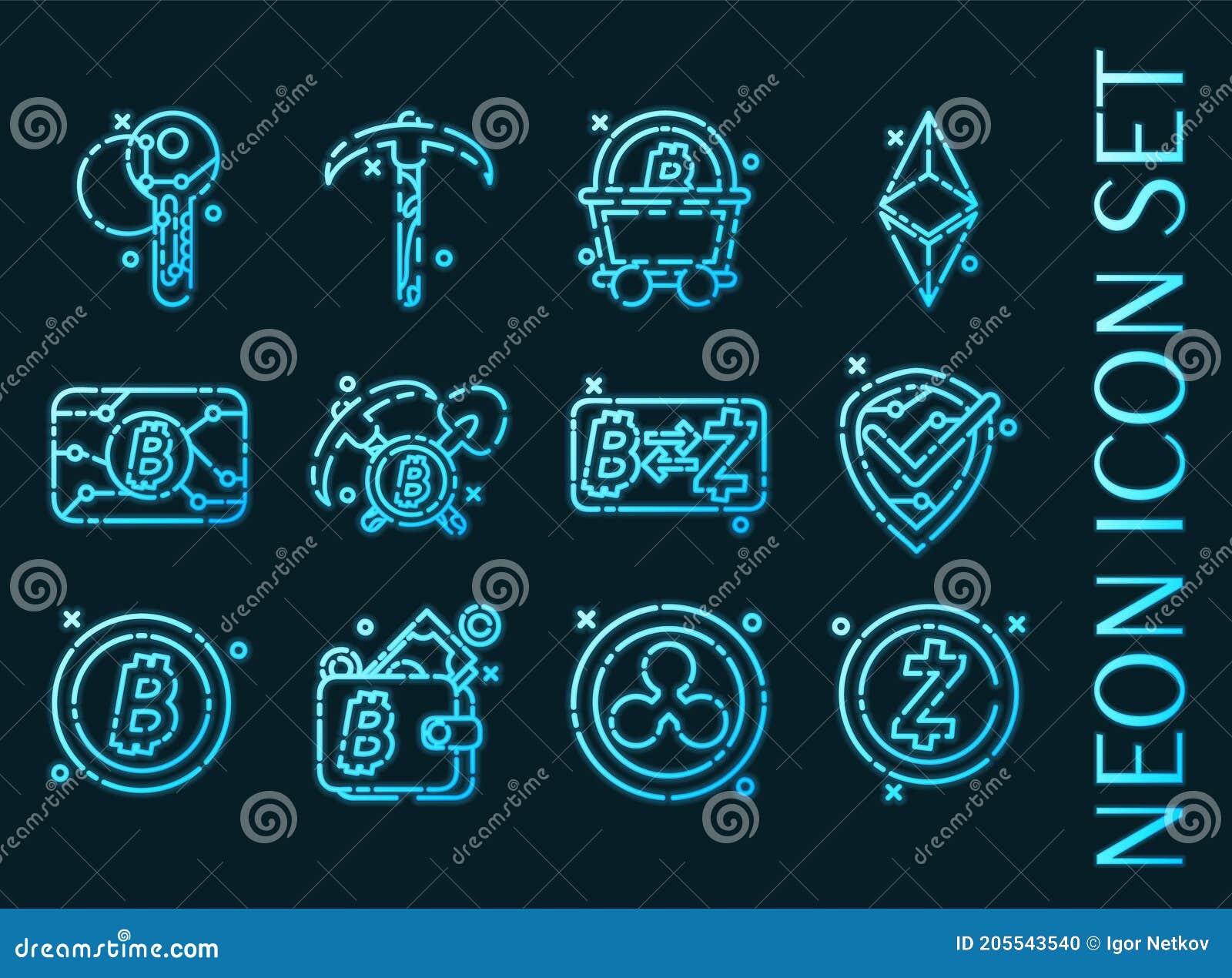 Set of Blockchain Blue Glowing Neon Icons. Stock Vector - Illustration ...