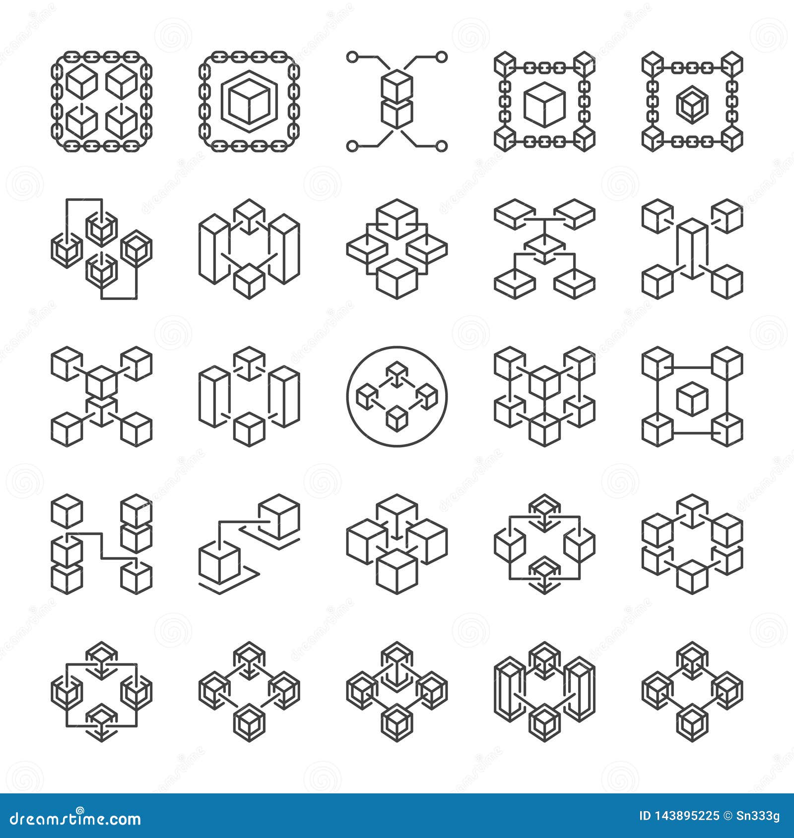 Set Of Blockchain Technology Abstract Outline Vector Icons Stock Vector