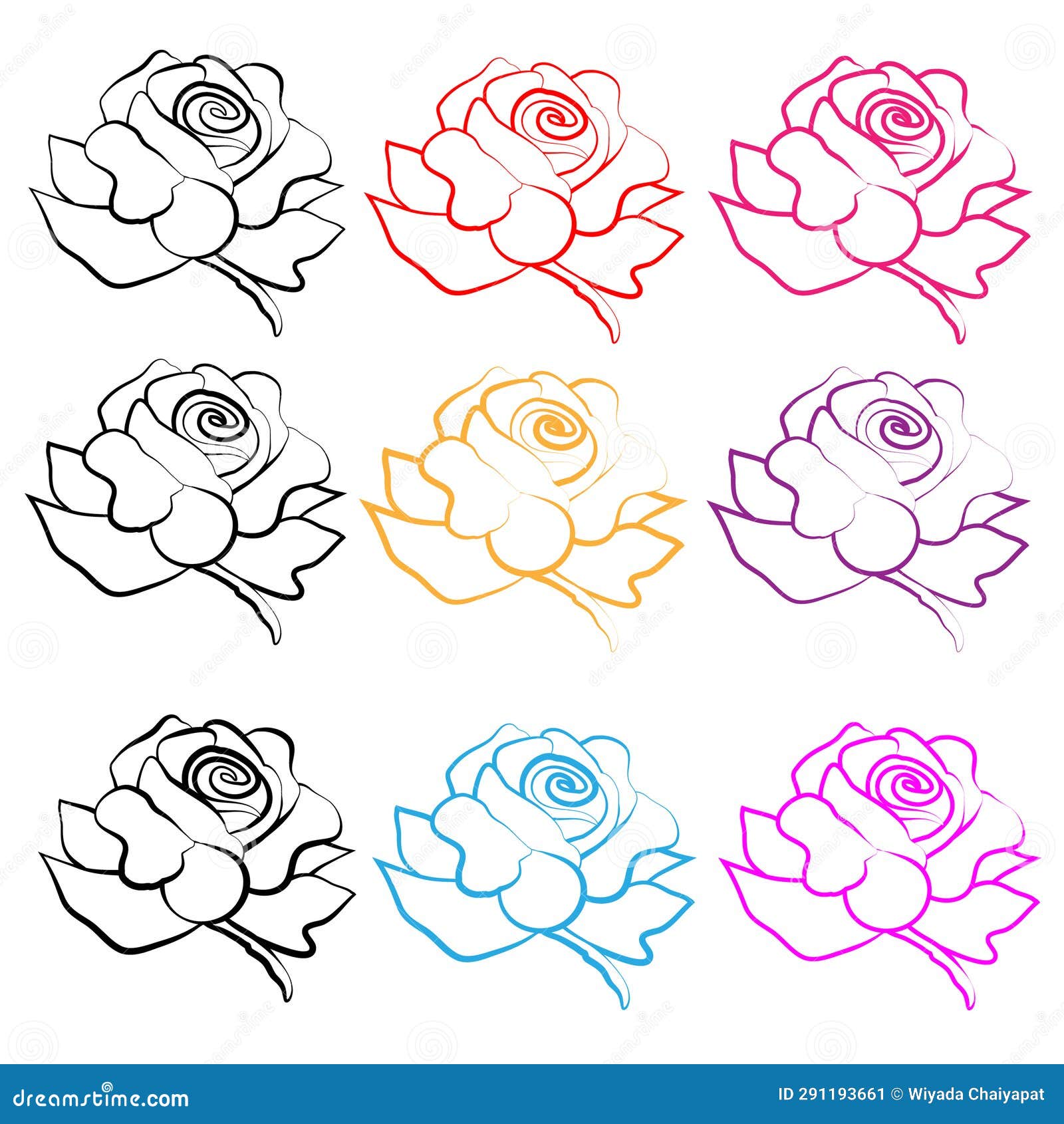Set of Blooming Roses with Different Lines Stock Illustration ...