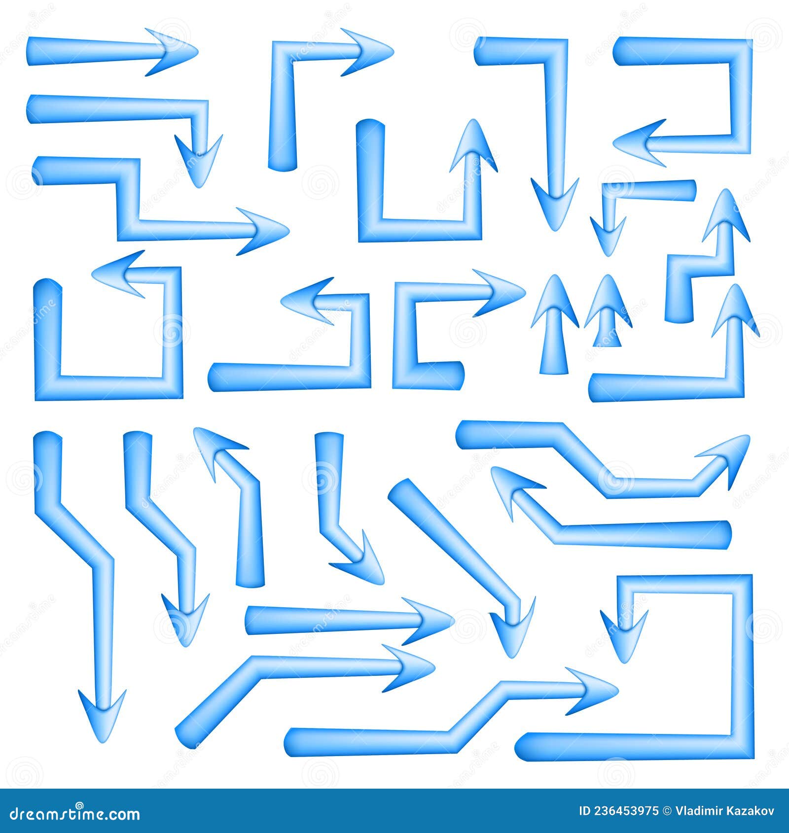 Set of Blue Arrows Pointers with Sharp Straight Angular Turns Isolated ...