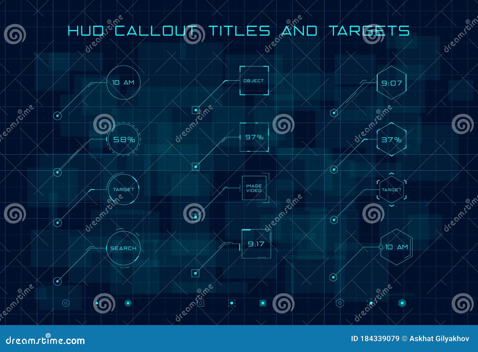 Set of Blue Callout Titles and Targets in HUD Style on Dark Digital Hi ... Set of Blue Callout Titles and Targets in HUD Style on Dark Digital Hi ...