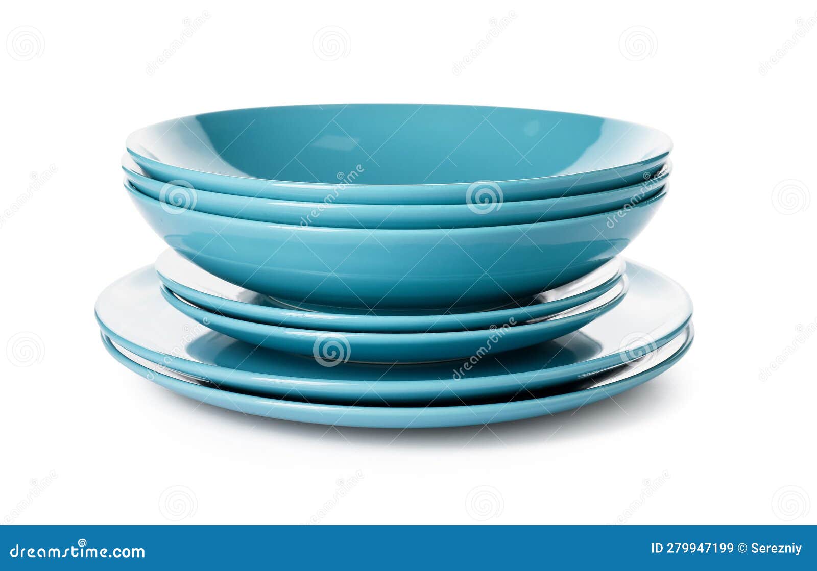 Set of Blue Clean Dishes on White Background Stock Image - Image of ...