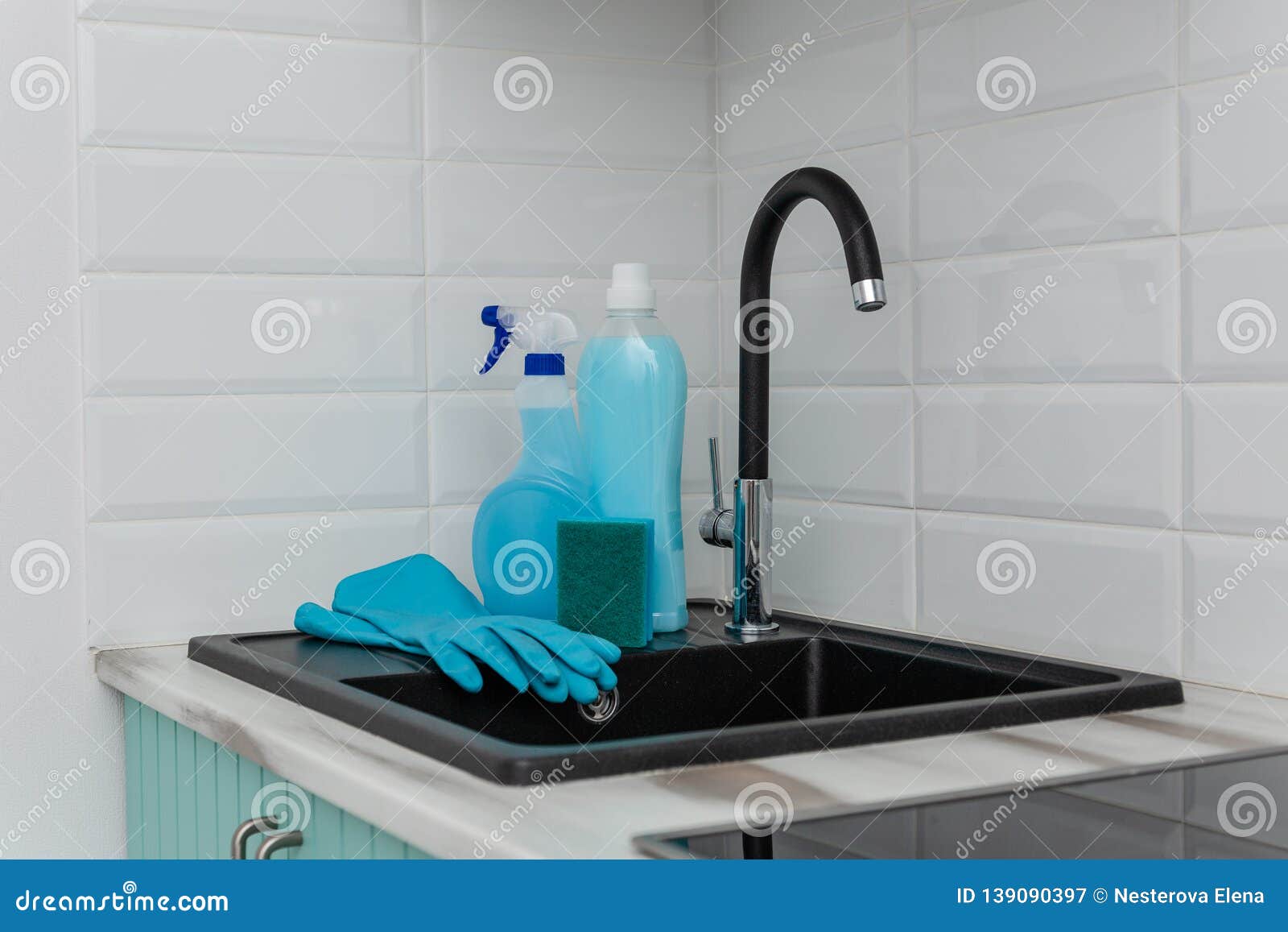 A Set of Blue Cleaning Products and Tools for Cleaning Stock Image ...