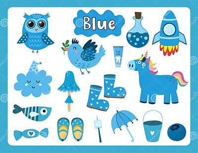 Set of Blue Color Objects. Primary Colors Flashcard with Blue Elements ...