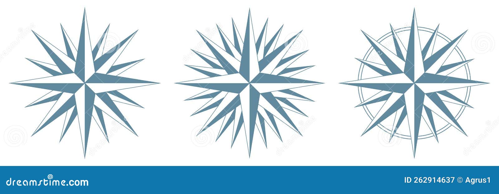 Set Of Blue Colored Vector Illustration Icons Of Compass Rose Stock