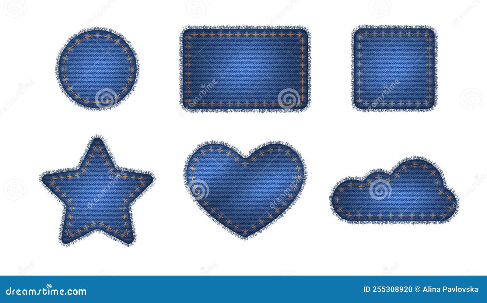 Set of Blue Denim Patches with Stitches. Stickers of Different Shapes ...