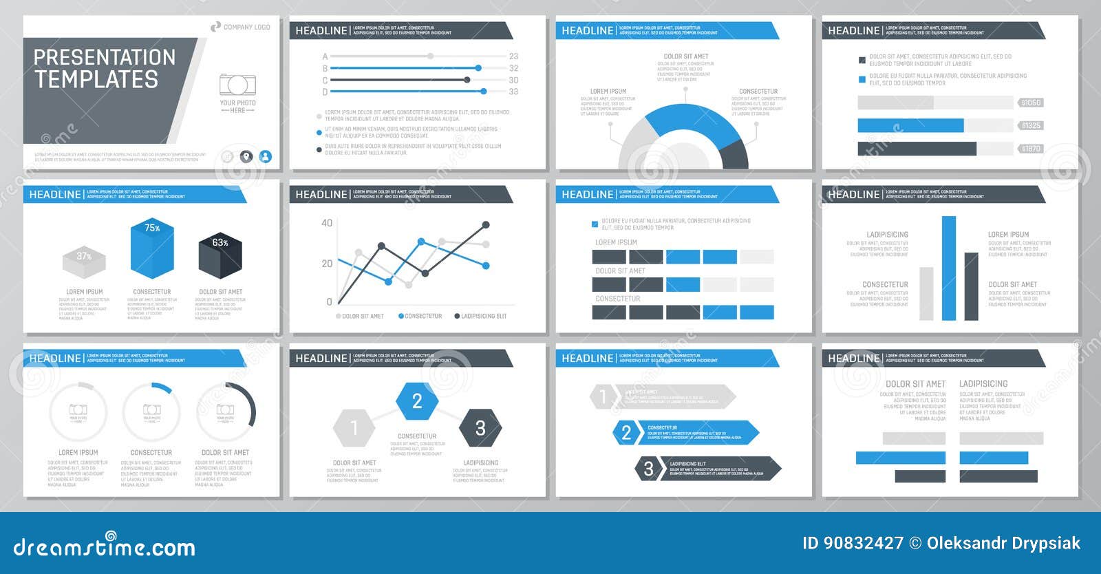 Set of Blue Elements for Multipurpose Presentation Template Slides with ...