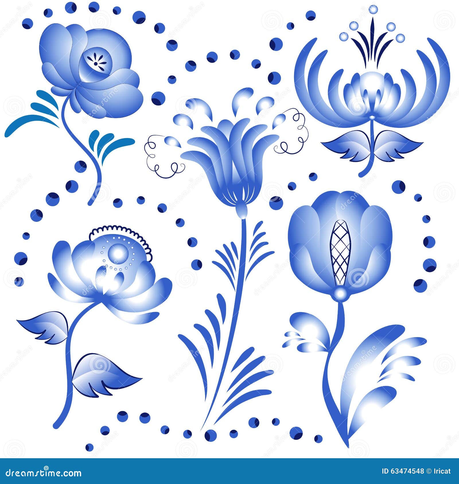 Set of Blue Floral Elements for Design in the Style of Gzhel. Stock ...
