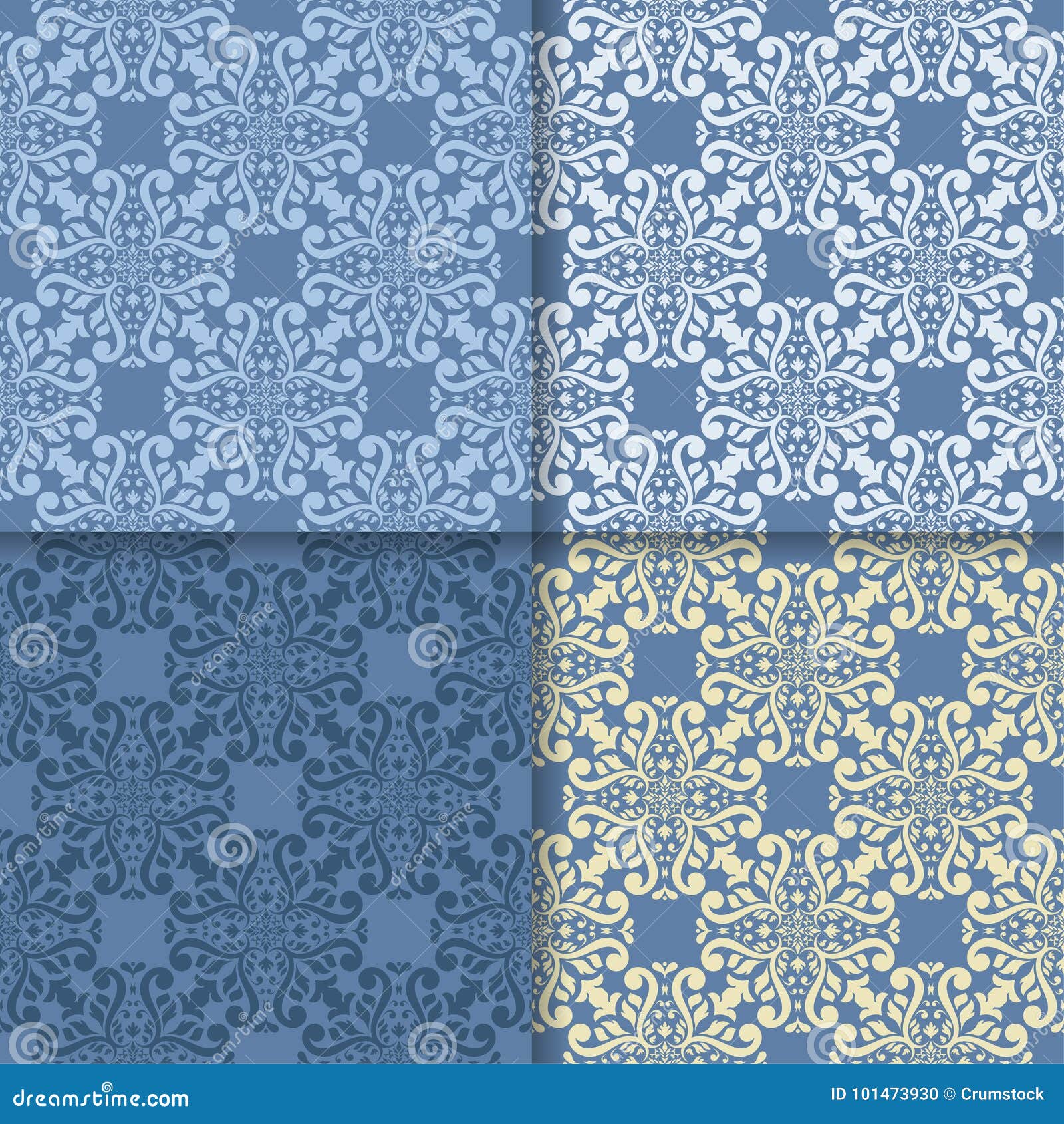 Wallpaper Set of Blue Seamless Patterns with Floral Ornaments Stock ...