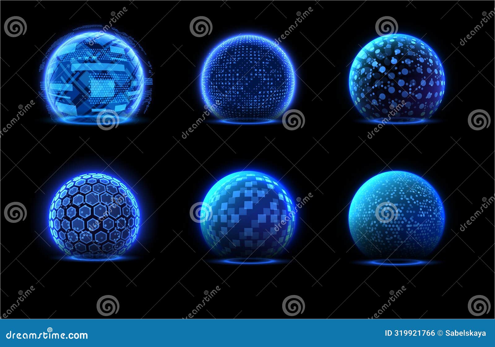 Set of Blue Glowing Sphere Shields with Different Surfaces, Vector ...