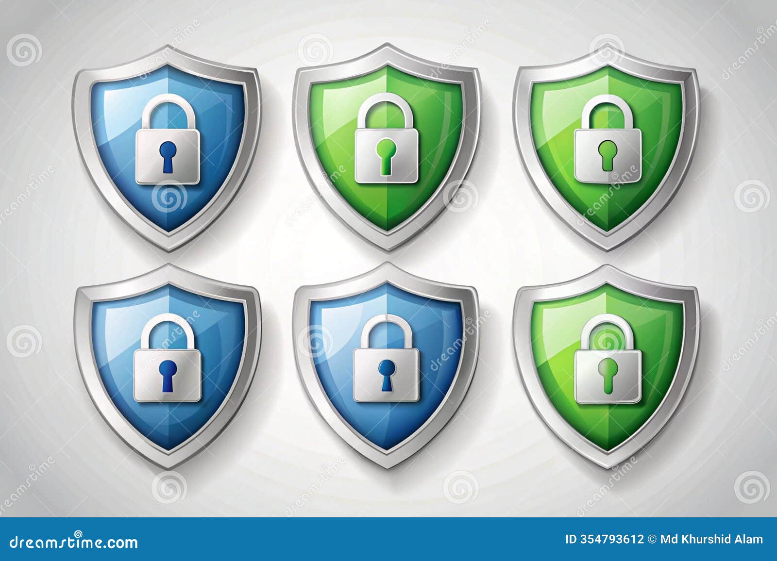 Set of Blue and Green Security Shields with Lock Icons Representing ...