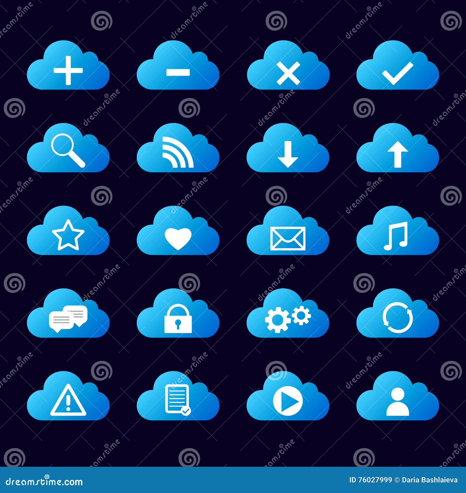 Set of blue icons cloud stock vector. Illustration of white - 76027999