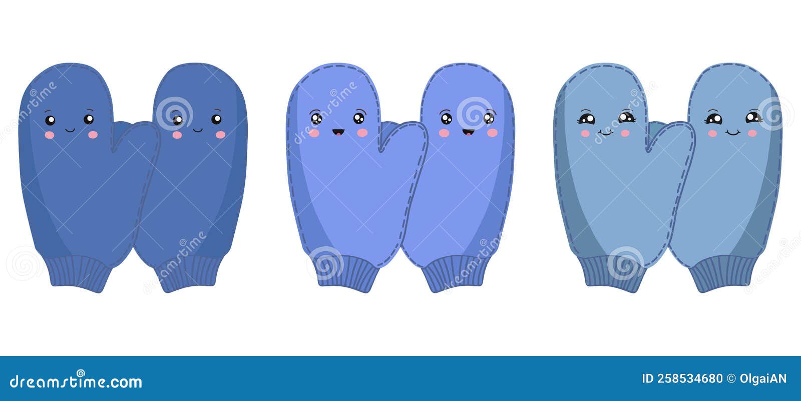 A Set of Blue Knitted Flat Mittens with Cute Emoticons. Isolated Vector ...