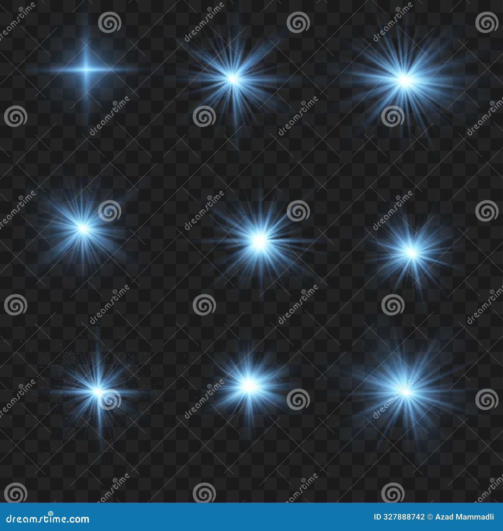 Set of Blue Light Starbursts on a Dark Transparent Background. Vector ...