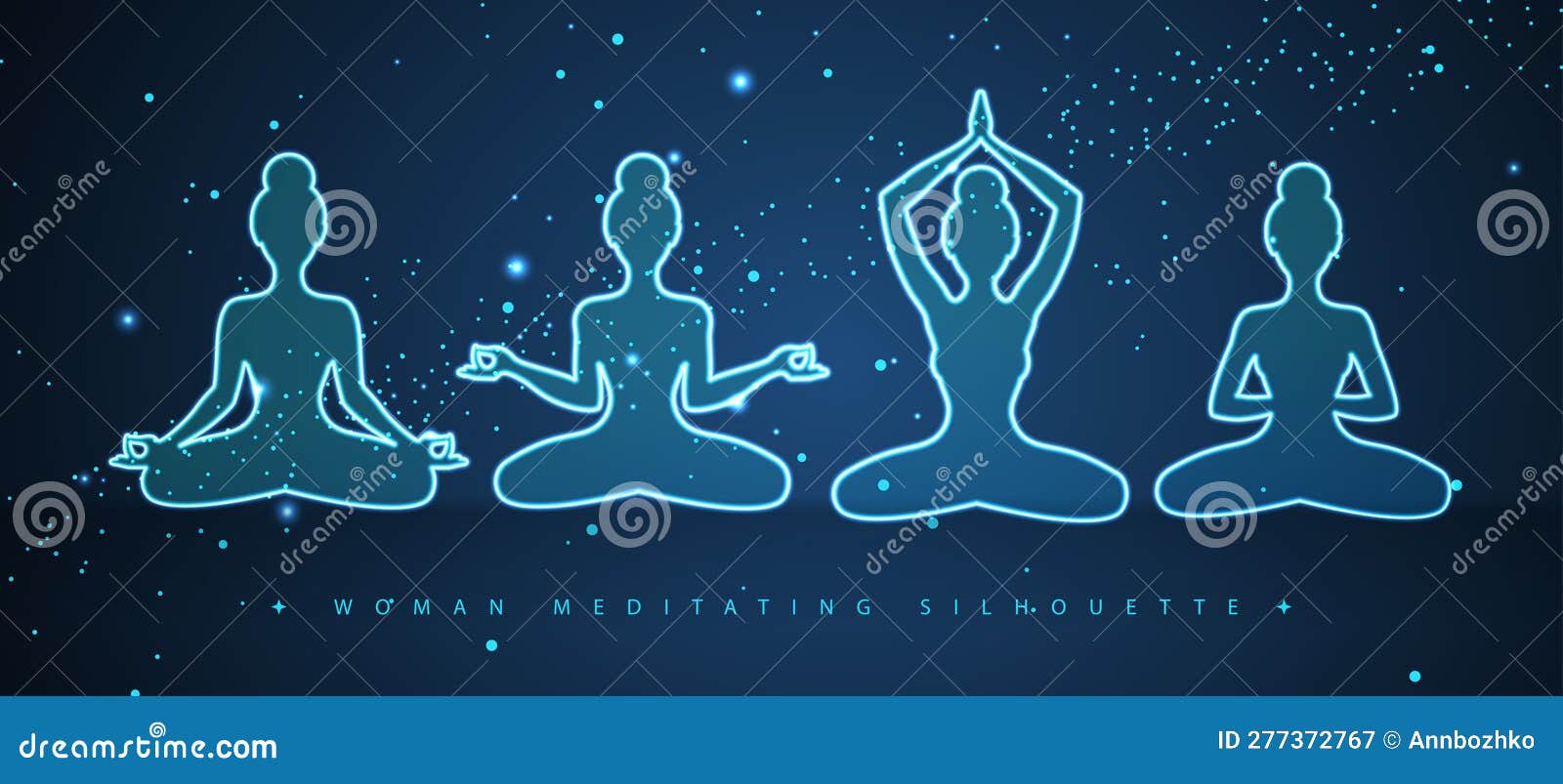 Set of Blue Neon Meditating Women Silhouettes on Outer Space Background ...