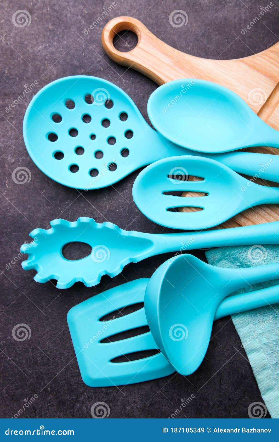 Set of Blue Nylon Kitchen Utensils and Cutting Board Stock Image ...