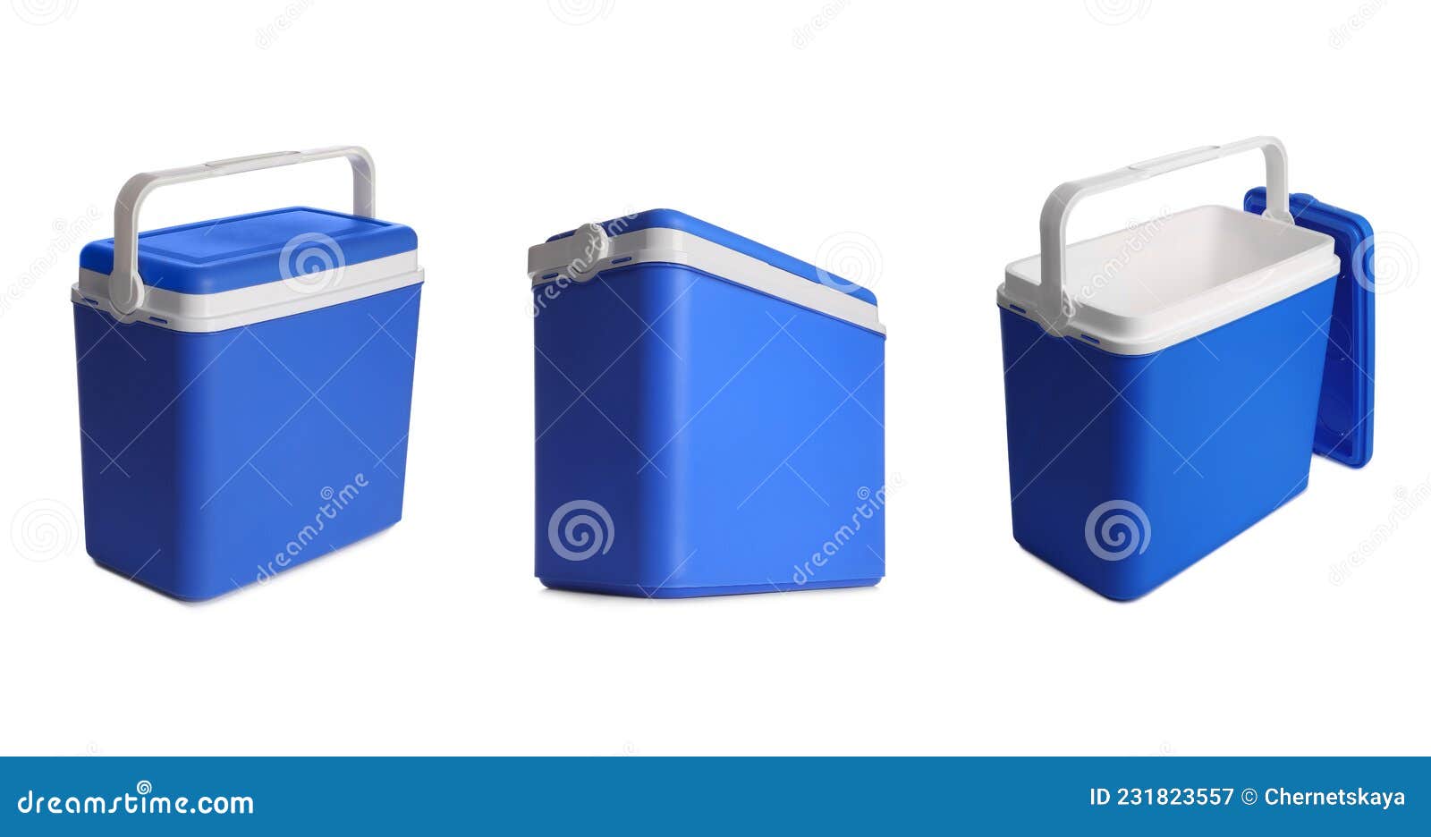 Set with Blue Plastic Cool Boxes on White Background. Banner Design ...