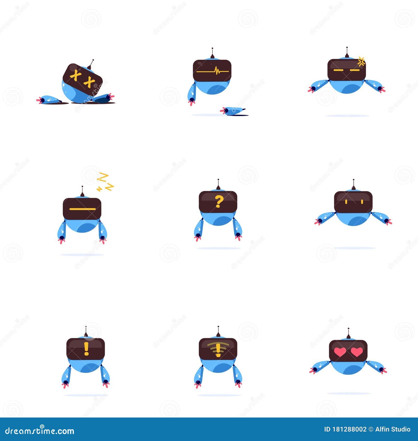 Set of Blue Robot Vector Illustrations with Various Expressions Stock ...