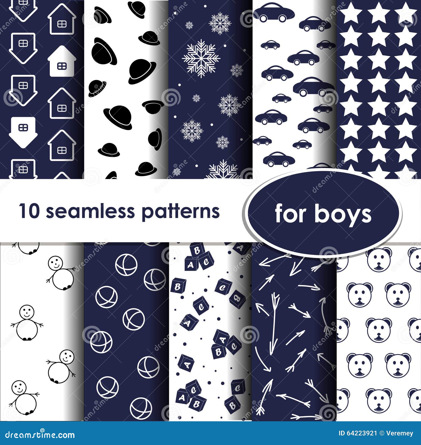 Set of 10 Blue Seamless Patterns for Boys. Stock Vector - Illustration ...