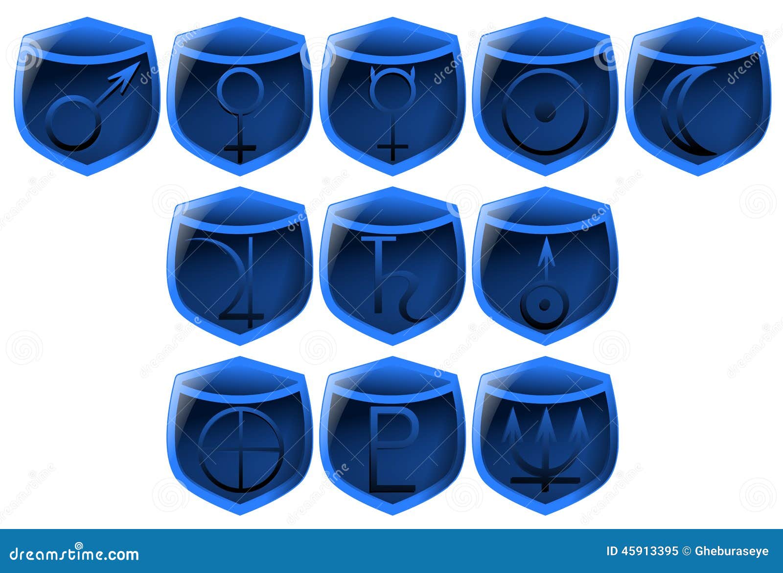 Set of Blue Shields with Planets Symbols Stock Illustration ...