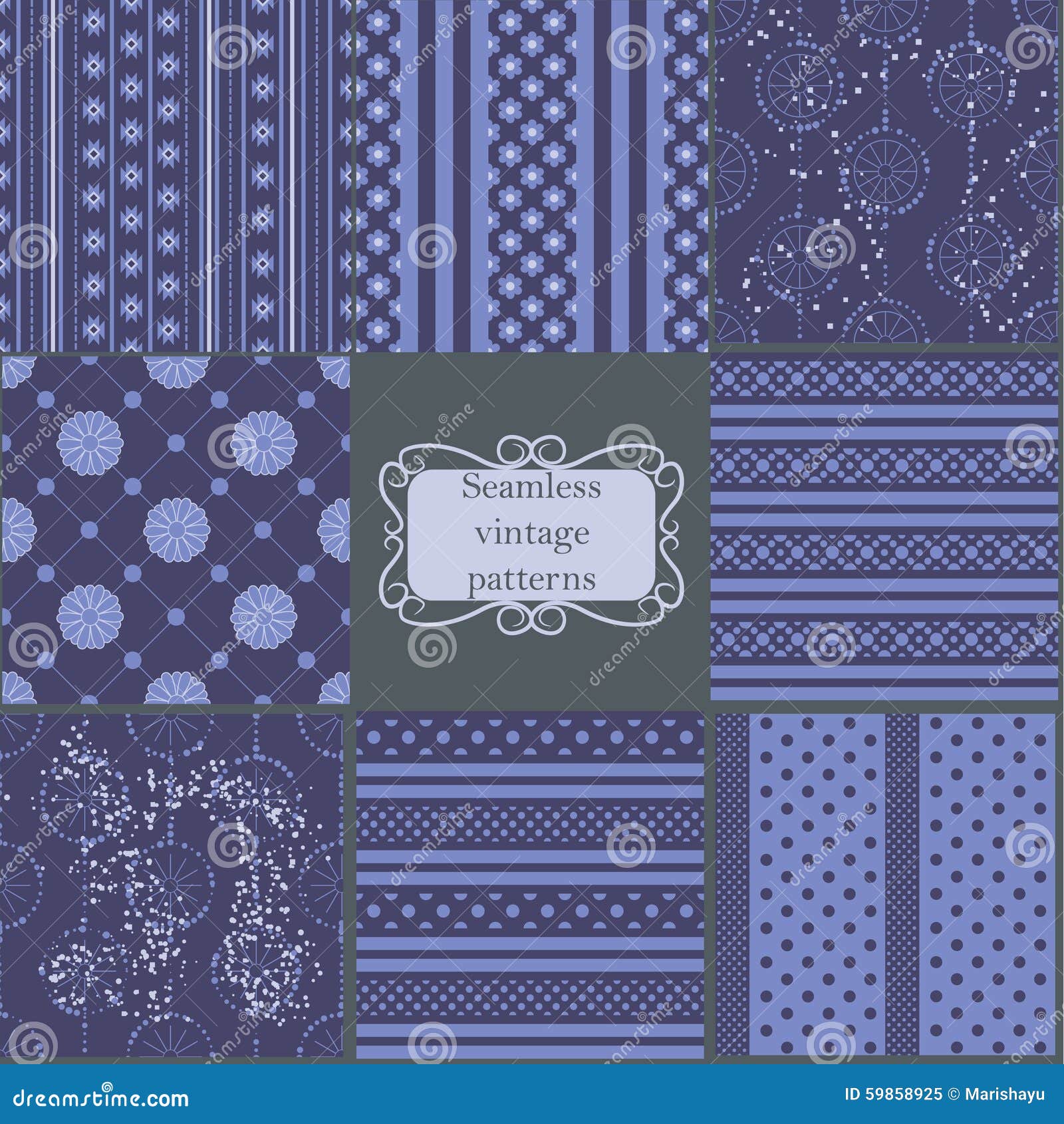 Set of Blue Vintage Patterns Stock Illustration - Illustration of ...